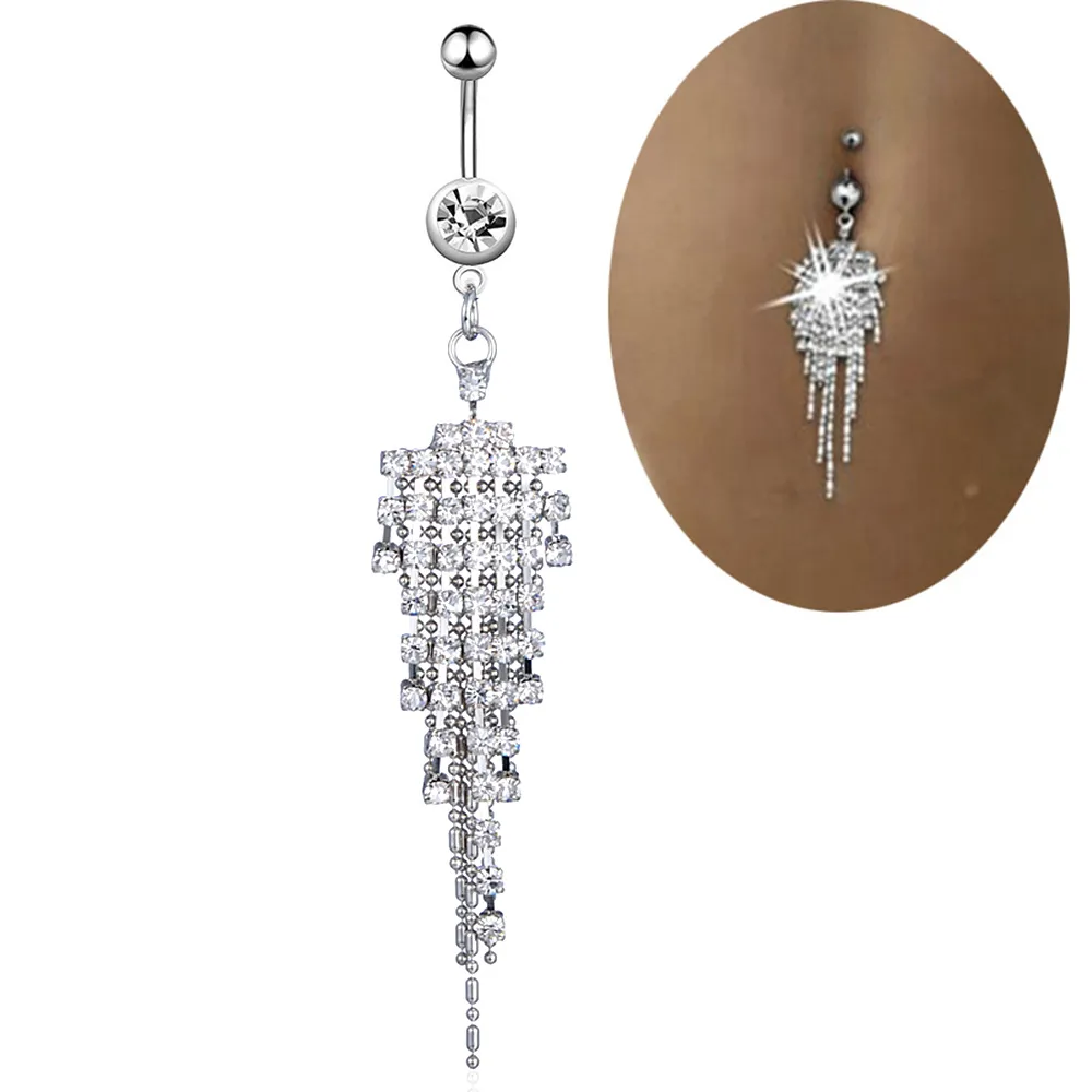 Dazzling Crystal Tassel Belly Ring - Long Dangle Navel Ring, Body ...