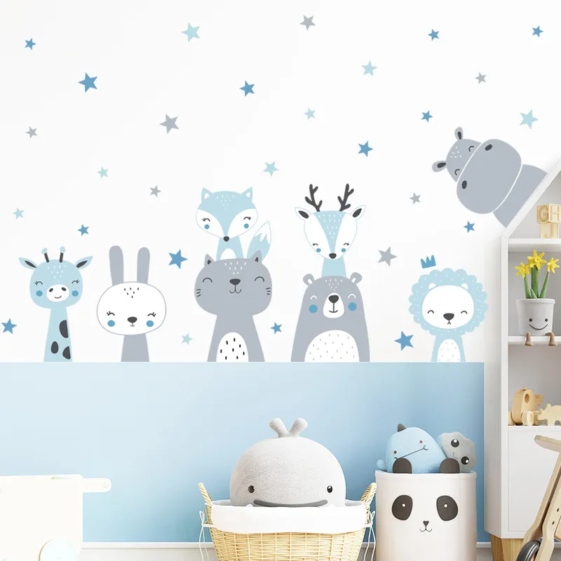 Cartoon Cute Lion Giraffe Animals Stars Bunny Wall Stickers Nursery ...