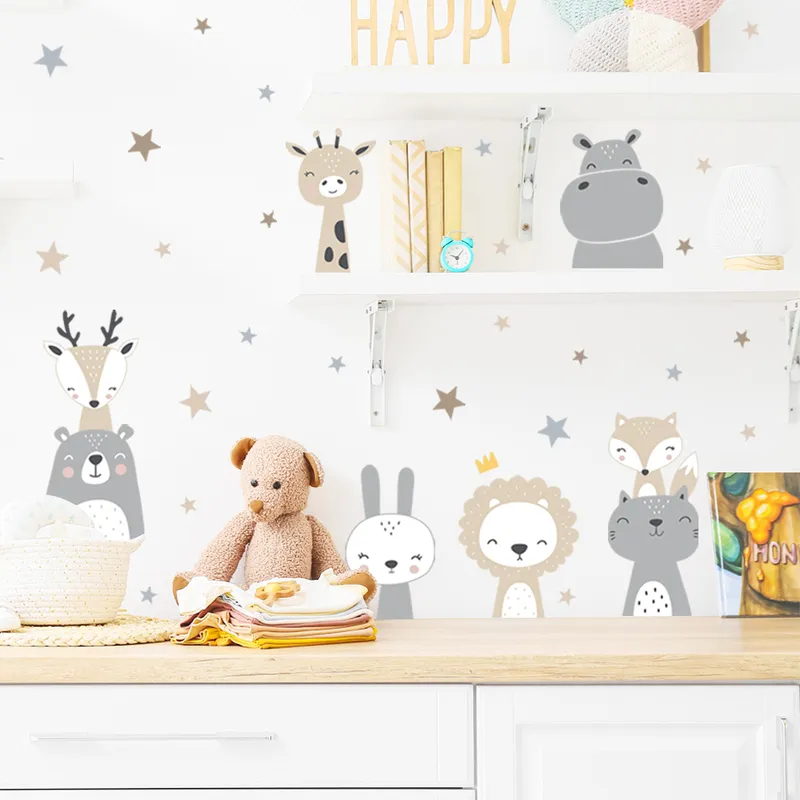 Cartoon Cute Lion Giraffe Animals Stars Bunny Wall Stickers Nursery ...