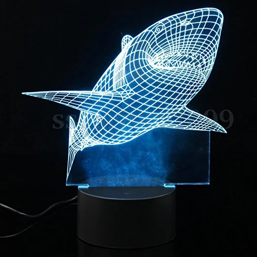 3D Great White Shark Illusion Night Light | 7-Color LED Table Lamp for ...