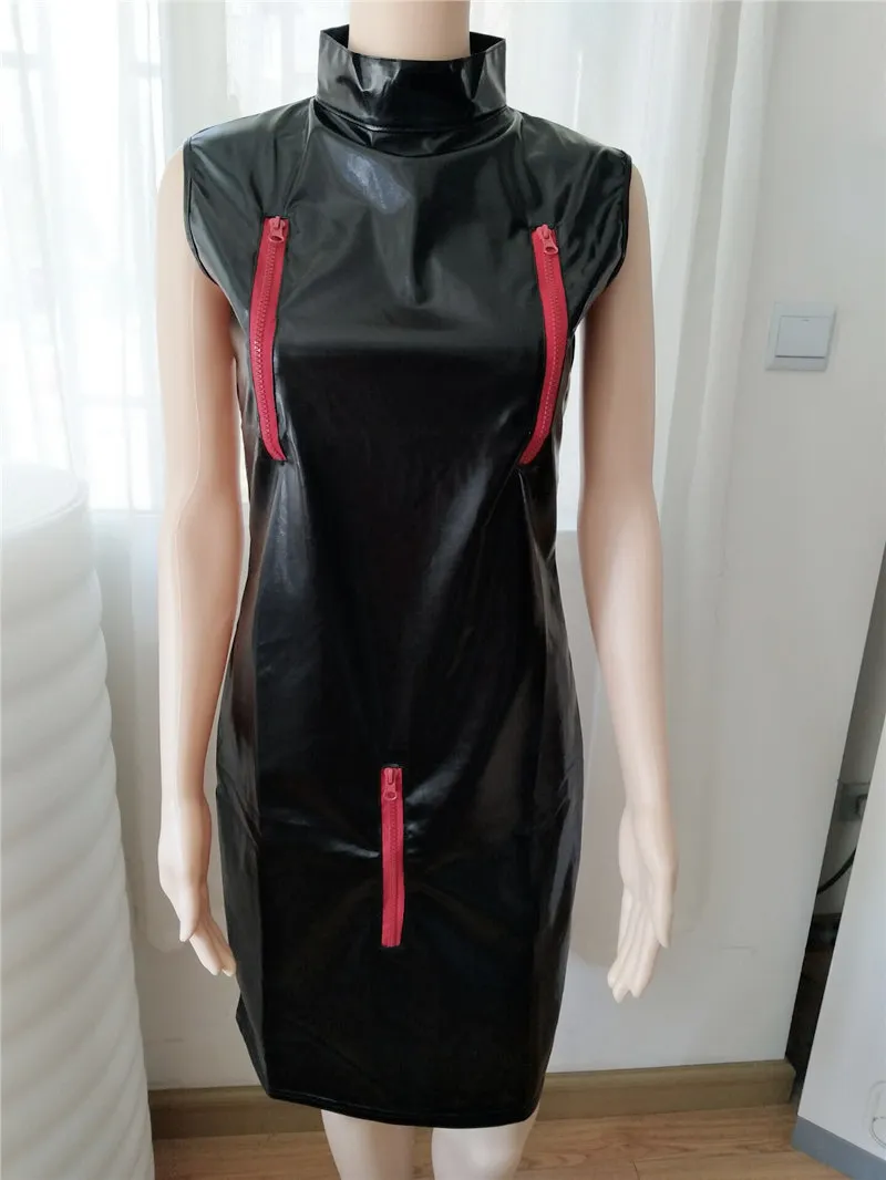 Sexy PVC Leather Latex Bodycon Dress Shiny Zipper Sleeveless Catsuit ...