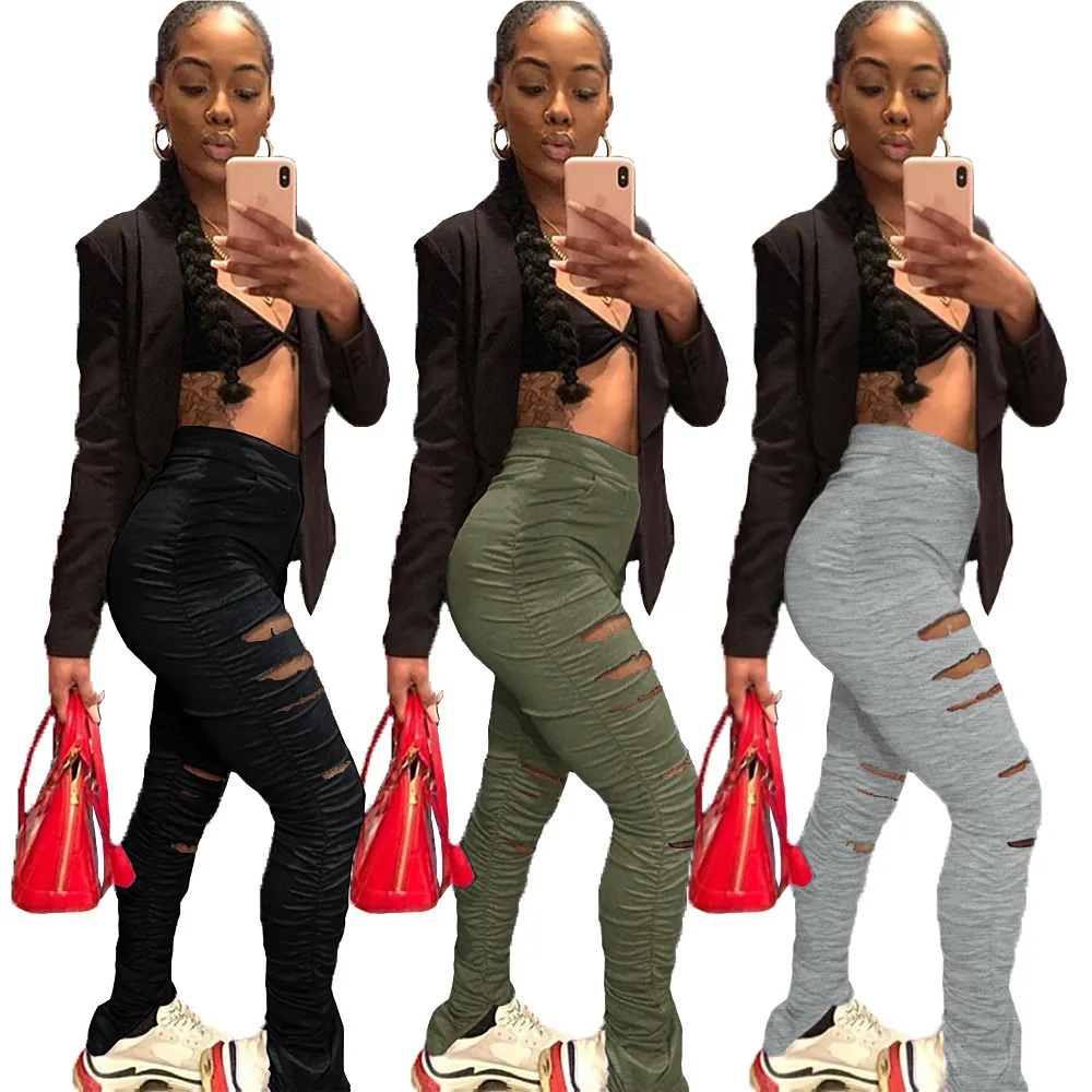 ANJAMANOR High Waist Ripped Leggings For Women Ruched Split Pleated ...
