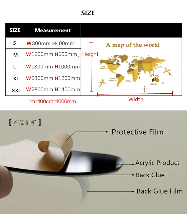 European Version World Map Acrylic 3D Wall Sticker For Living Room ...