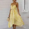 Striped lace-up yellow maxi dress for women with ruffle and spaghetti ...