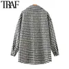 Traf Women's Fashion Oversized Houndstooth Frayed Tweed Jacket Coat ...