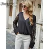 Surplice Neck Lace Sleeve Chiffon Blouse Women Spring Black Long ...