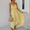 Striped lace-up yellow maxi dress for women with ruffle and spaghetti ...