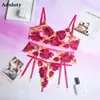 Garter Belt Lingerie Set for Women with Underwire Bra and Floral Mesh ...
