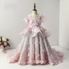 Girls A-Line Pageant Dress with Short Sleeves 3D Floral Lace Applique ...