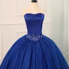 Royal Blue Sequined Tulle Quinceanera Dress with Gold Appliqué Crystal ...