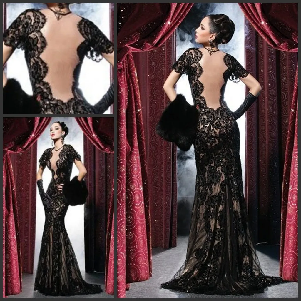 Black Lace Sheath Mermaid Black Sequin Evening Gown With Backless
