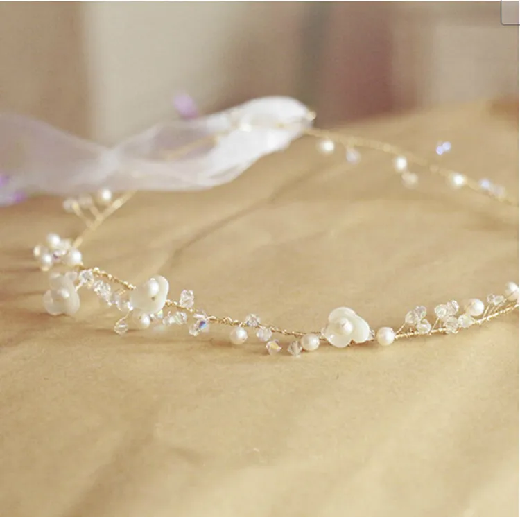 2014 Real Pearl Bridal Tiaras Gold Hair Vine with Shell Flower Beads ...