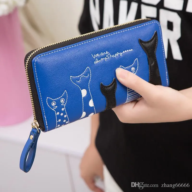 Cat Cartoon Wallet For Women Long PU Leather Card Holder With Zipper ...