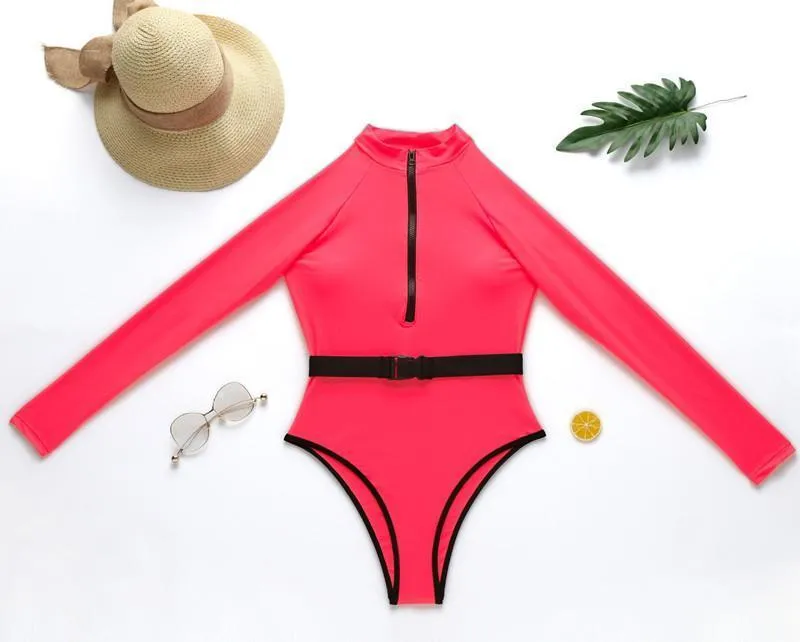 Long Sleeve Swimsuit With Zipper: Women's One Piece Swimwear Neon Pink ...