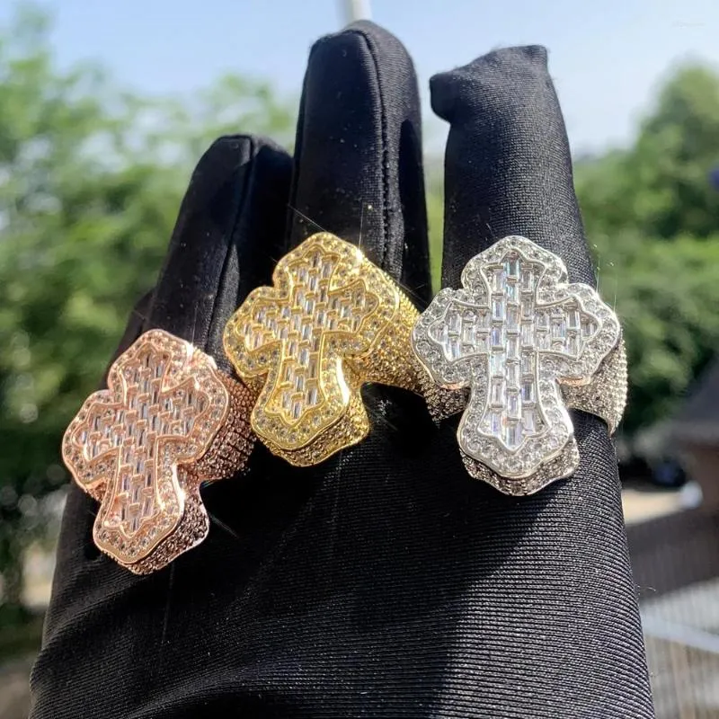 Anillos De Boda 2023 Iced Out Cross Finger Ring Gold Silver Color ...