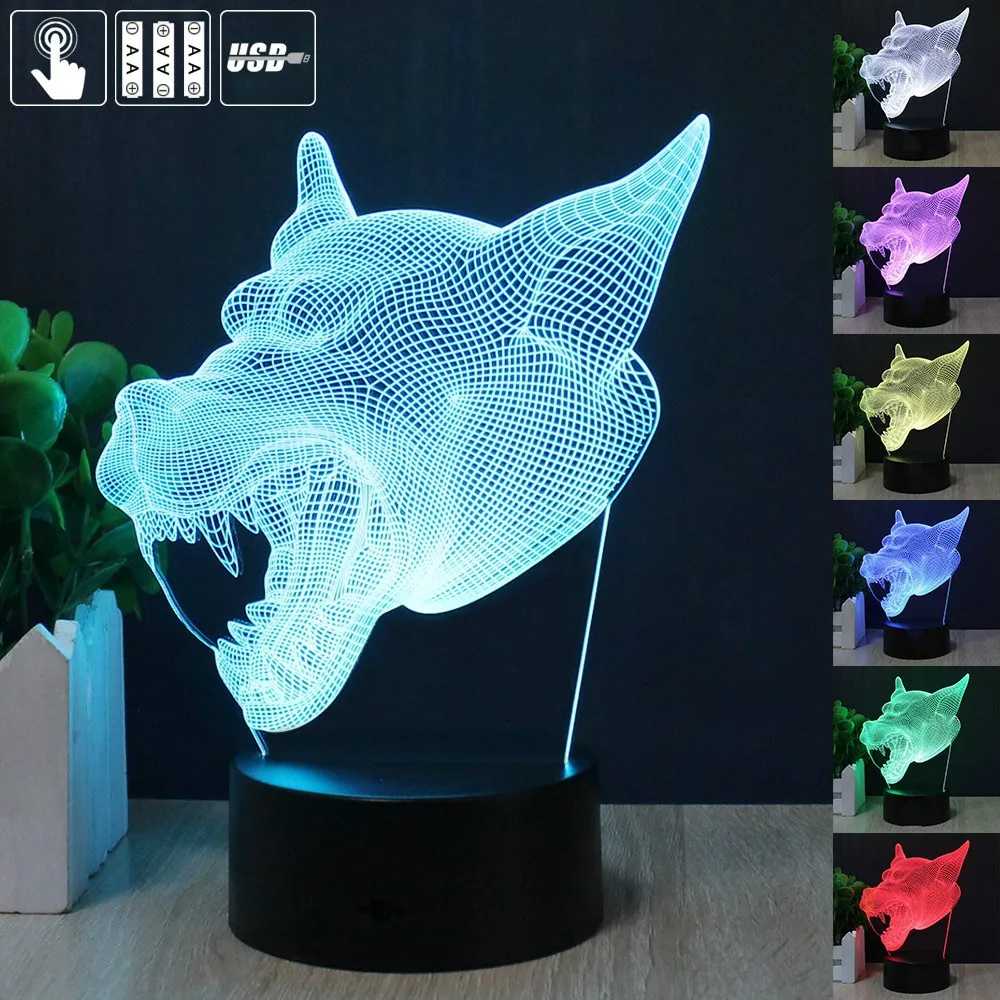 Lámpara De Mesa LED De La Cabeza 3D Del Lobo Colorido 7 Cambio De Color ...